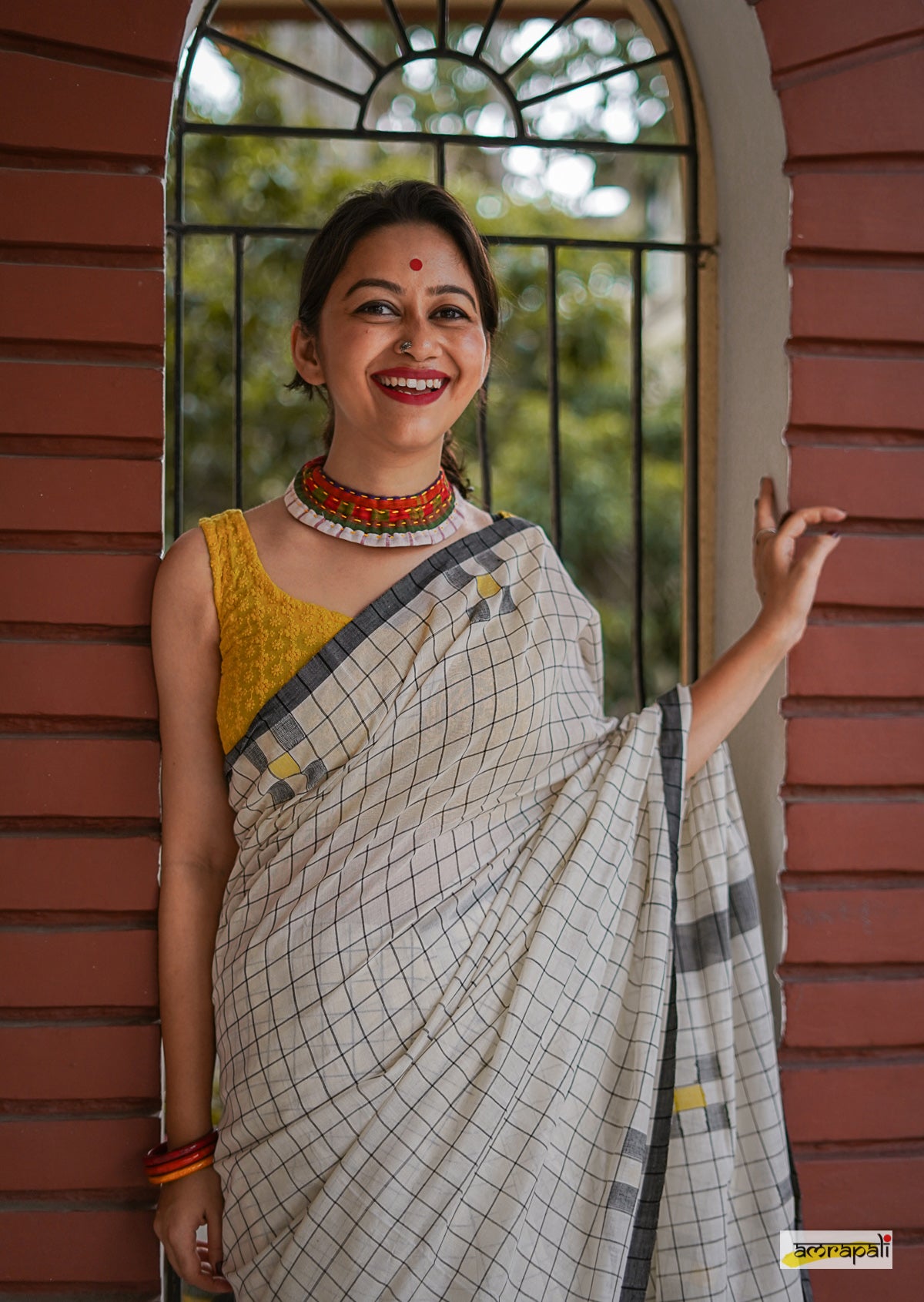 Checkered Handloom Cotton with Jamdani Motifs – Amrapali Boutique